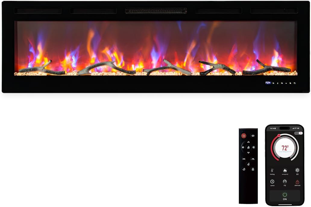 Symple Stuff 50" Smart WiFi Electric Fireplace - Recessed/Wall Mounted with Remote, 13 Ember ...